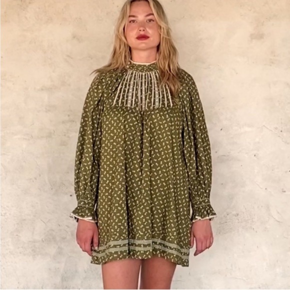 Doen | Dresses | Doen Beatrice Olive Green Floral Pleated Long Puff ...